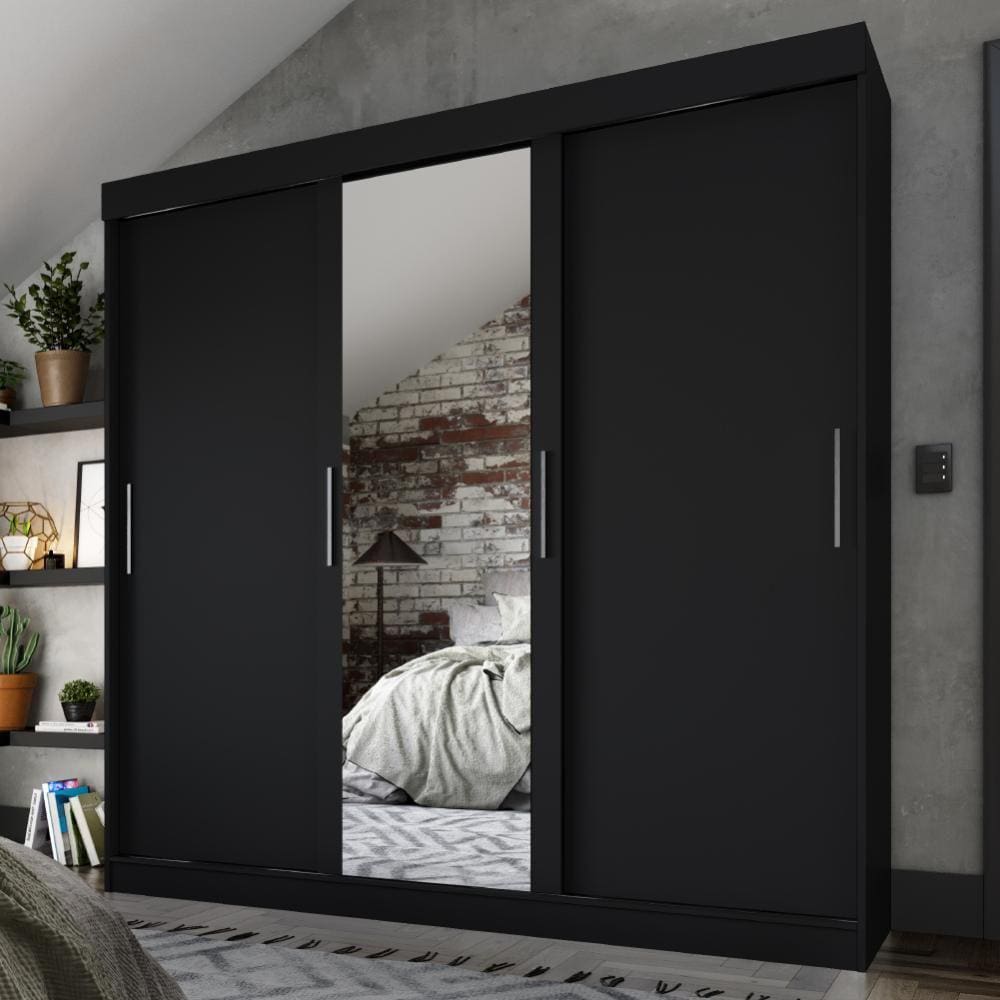 Guarda roupa preto casal com porta correr e espelho | Extra