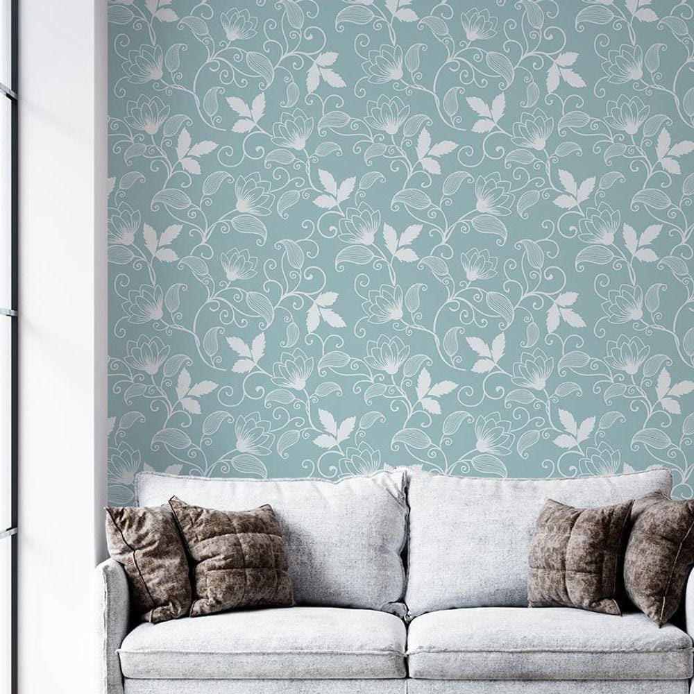 Papel De Parede Floral Rosa E Azul
