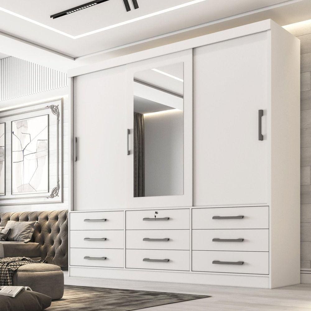 Guarda roupa casal branco com espelho e porta correr e 9 gaveta | Extra