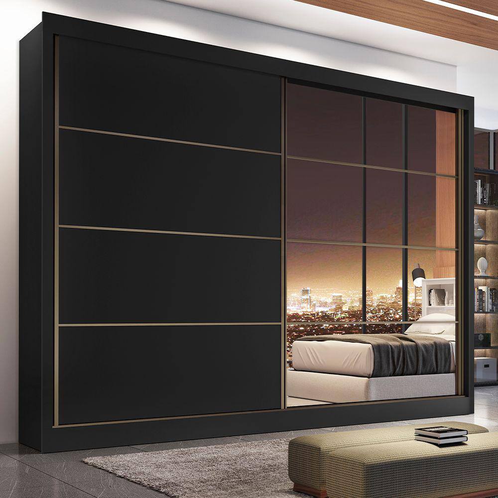 Guarda roupa casal mdf porta de correr com espelho preto | Extra