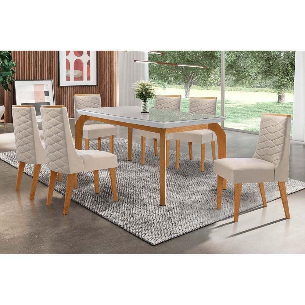 Conjunto de mesa de jantar amsterda com vidro e 6 cadeiras grecia ype e creme rufato | Extra